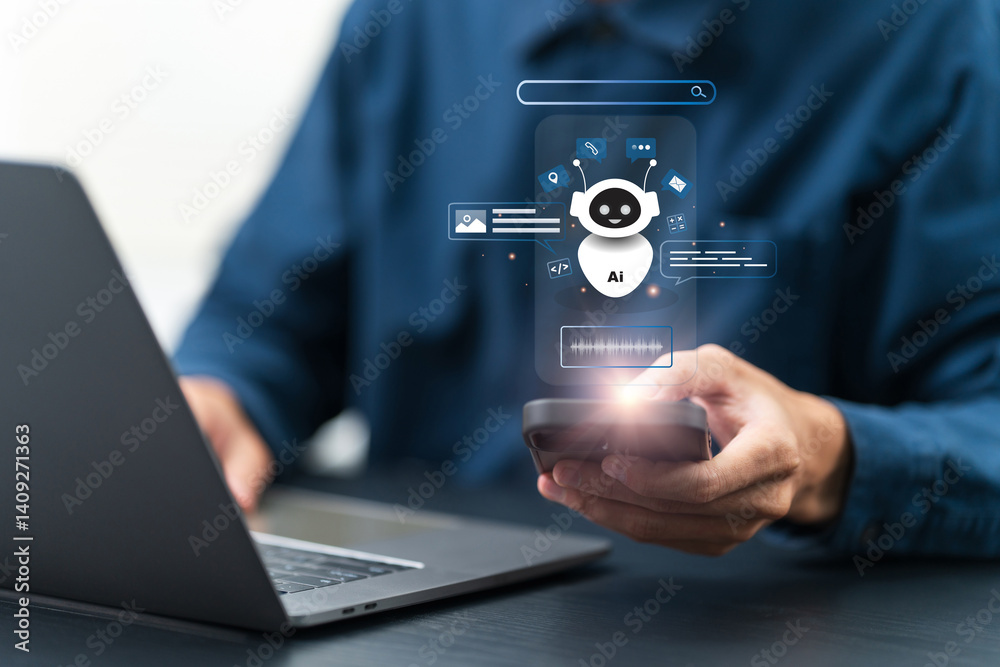 AI agent and generative artificial intelligence concept. Businessman using AI agents on screen ...