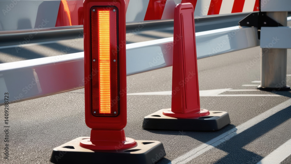 Traffic safety barriers and warning lights are essential for guiding ...