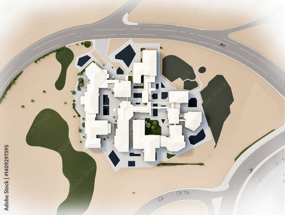 overhead perspective of a modern building complex with landscaped ...