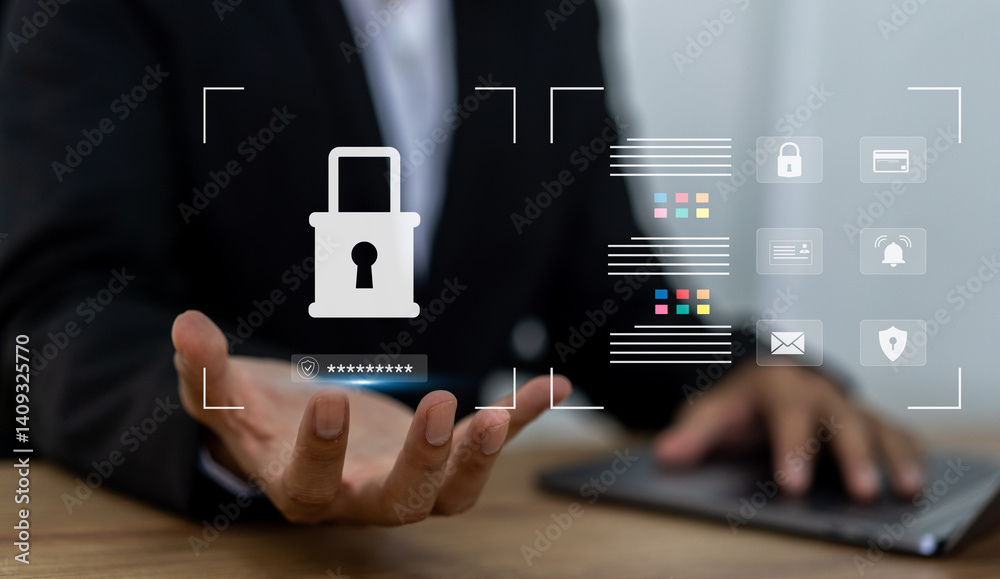 Cybersecurity and data protection with lock icon digital network ...