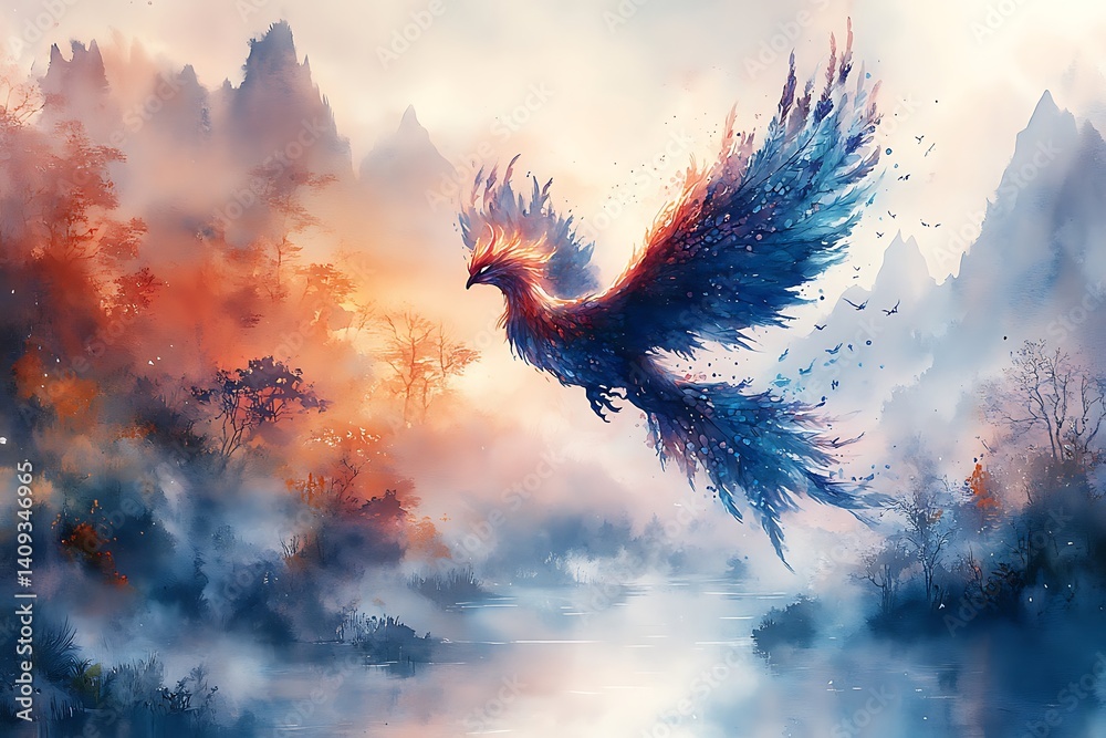 Mythical phoenix soaring over a misty mountain landscape. Stock ...