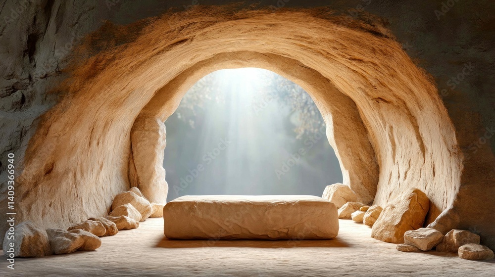 A bright, inviting light shines from the empty tomb, illuminating the ...