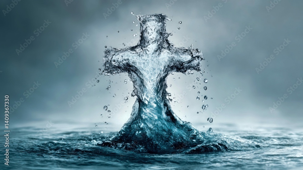 An artistic representation of a cross formed by water, rising from a ...