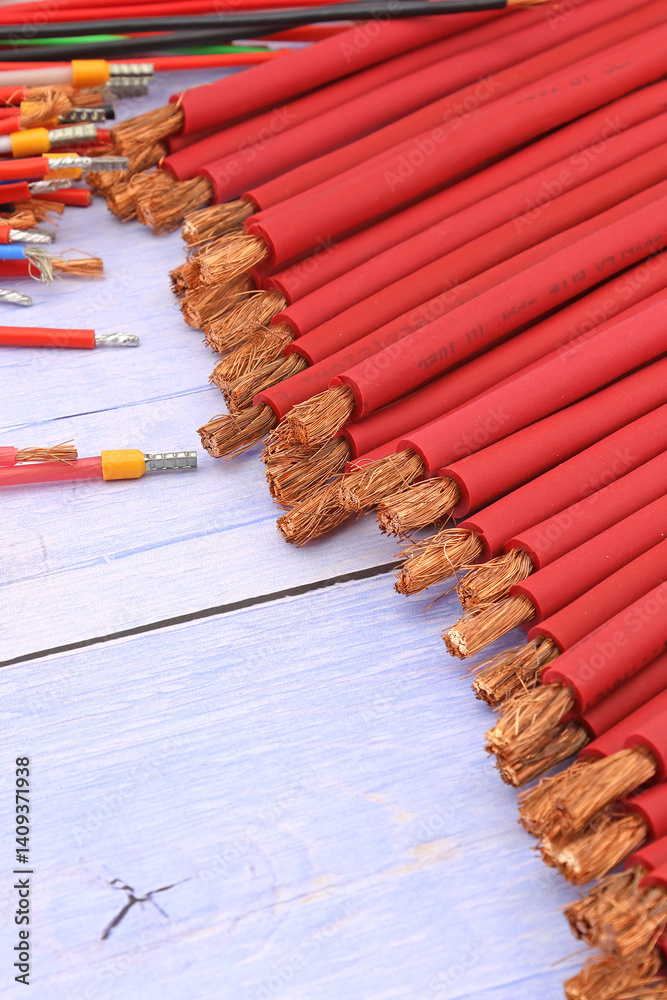 Copper electrical wiring wires in coloured insulation with the ...