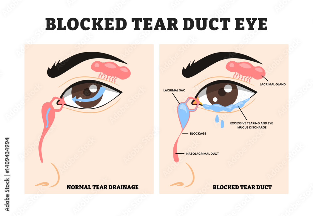 Blocked tear duct vs normal tear drainage, educational medical poster ...