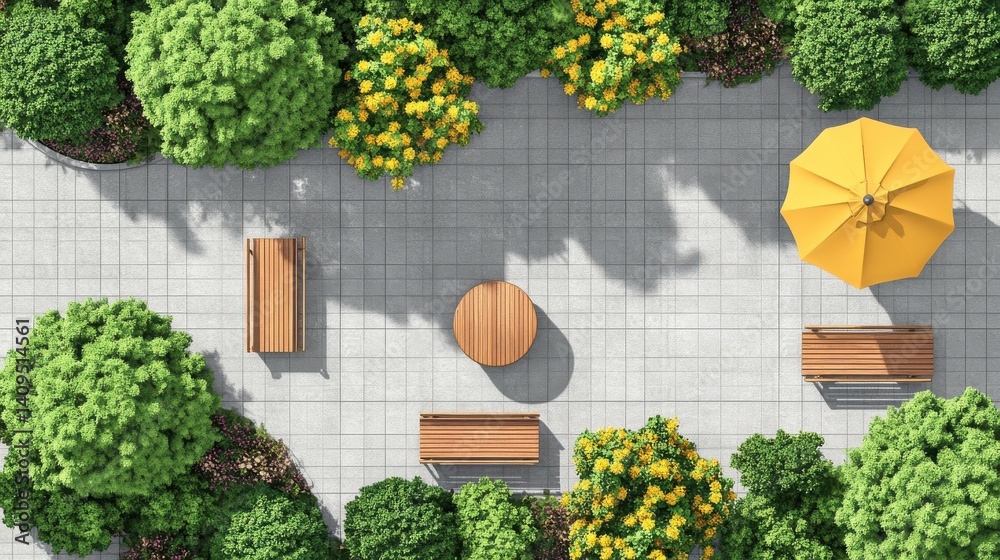 Top view landscaping architecture city park plan symbols, wooden ...