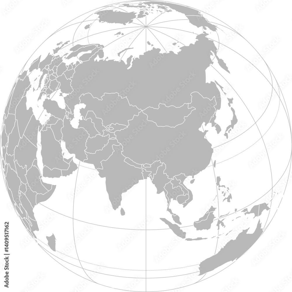 World vector map with country boundaries and graticules (Asia-centered ...