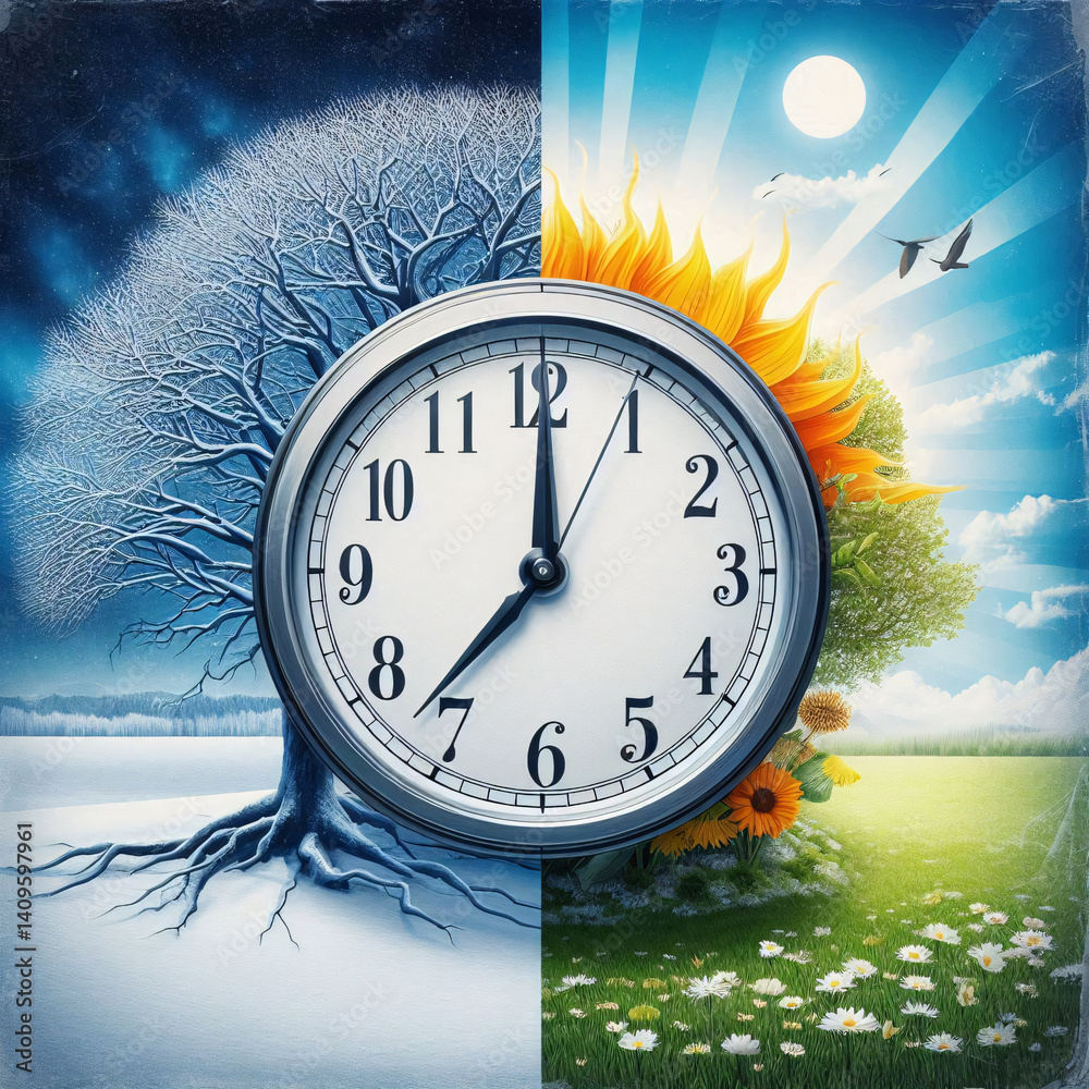 Visual representation of daylight saving time with half-frozen tree and ...