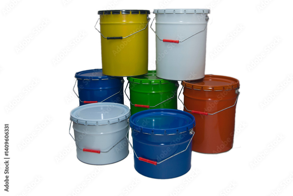 Colorful stack of industrial paint buckets in various shapes and sizes ...