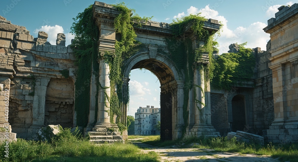 The remnants of a grand city gate half collapsed and overtaken by ...