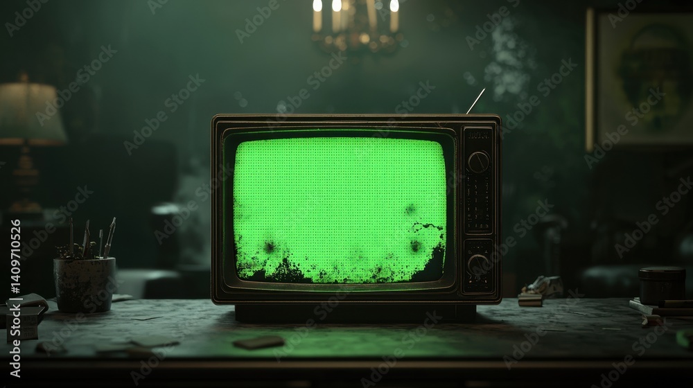 Foto Old-school TV with static noise and a green screen, evoking ...