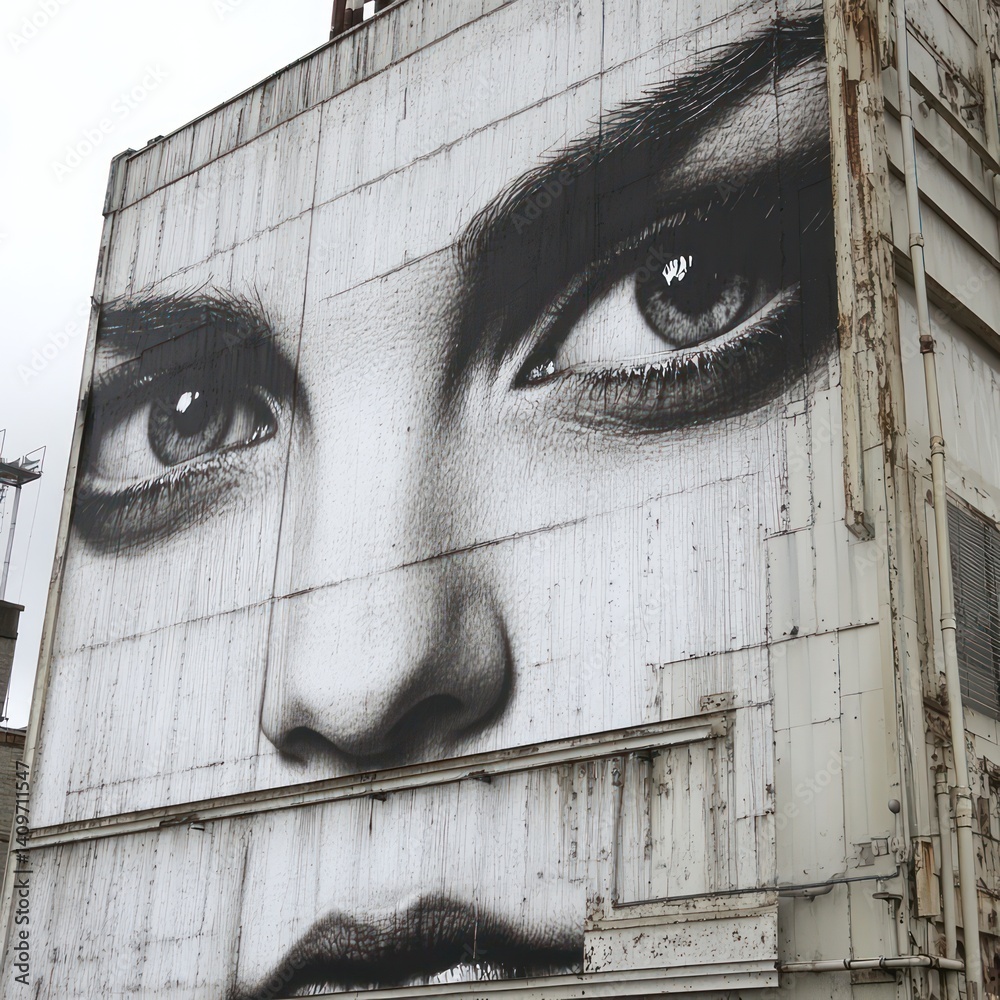 Large mural of a woman's face painted on the side of a building. Stock ...