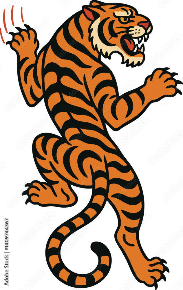 Flash Art vector illustration of a Old School Traditional tiger tattoo ...