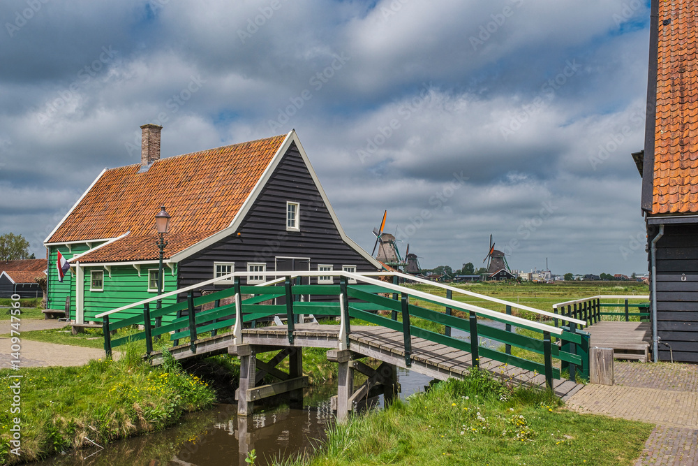 Traditional historic old houses at the Zaanse Schans Open-Air Museum ...
