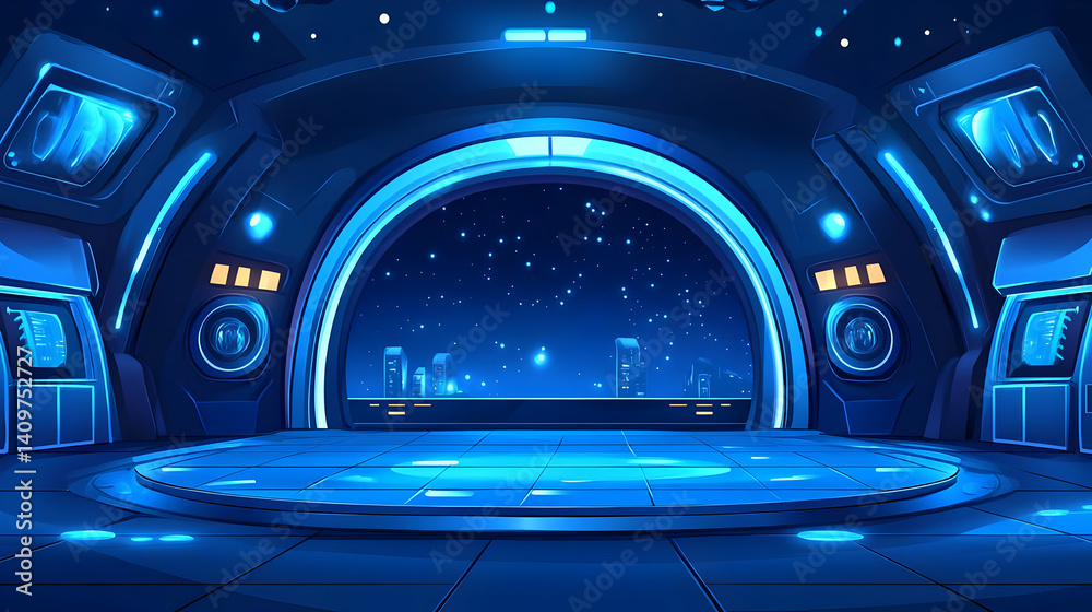 Pixel Art Spaceship Interior View with Blue Lighting and Starry Background in Cockpit Stock ...