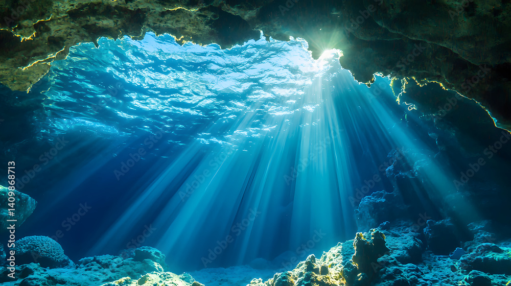 Underwater Cave: Captivating scene of a submerged cavern, the sun's ...