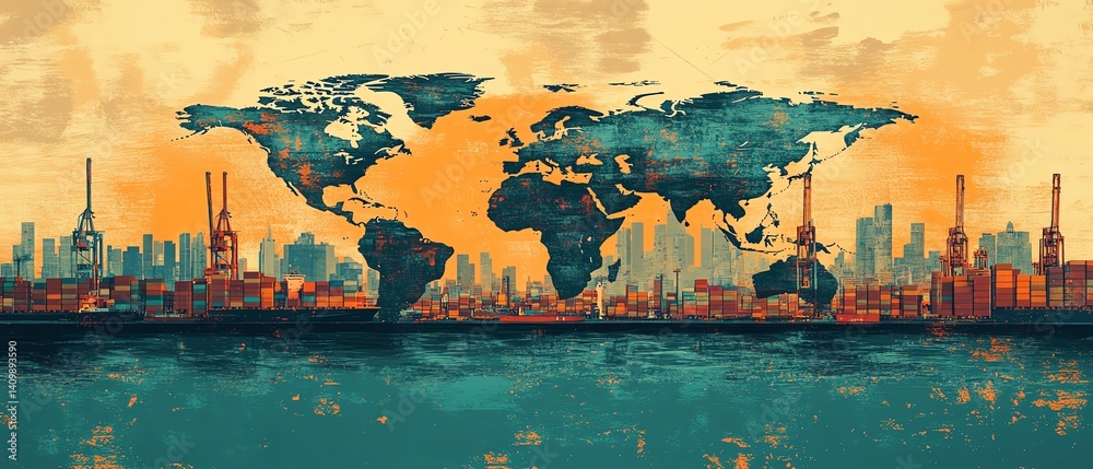 Dynamic world map displaying international trade routes, with shipping ...