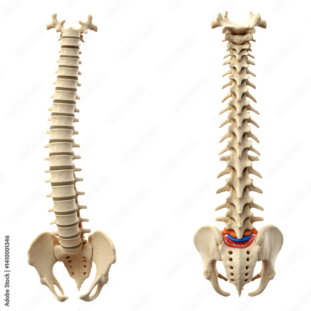 Front and back views of a detailed 3D anatomical model of the human ...