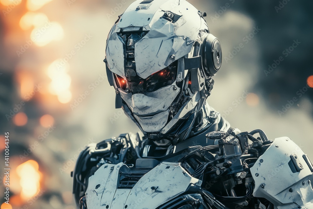 Futuristic enhanced soldier in advanced exoskeleton amid battle scenery ...