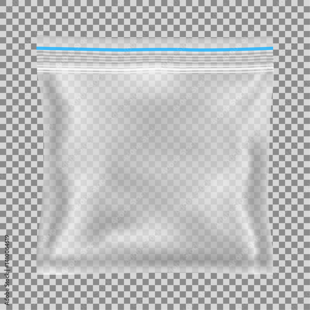 Clear glossy plastic bag with zip lock on transparent background. Empty ...