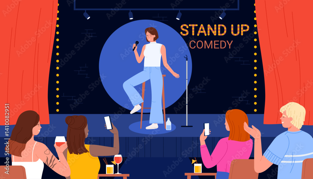 Stand up comedy show. Female talent comic with microphone standing on ...