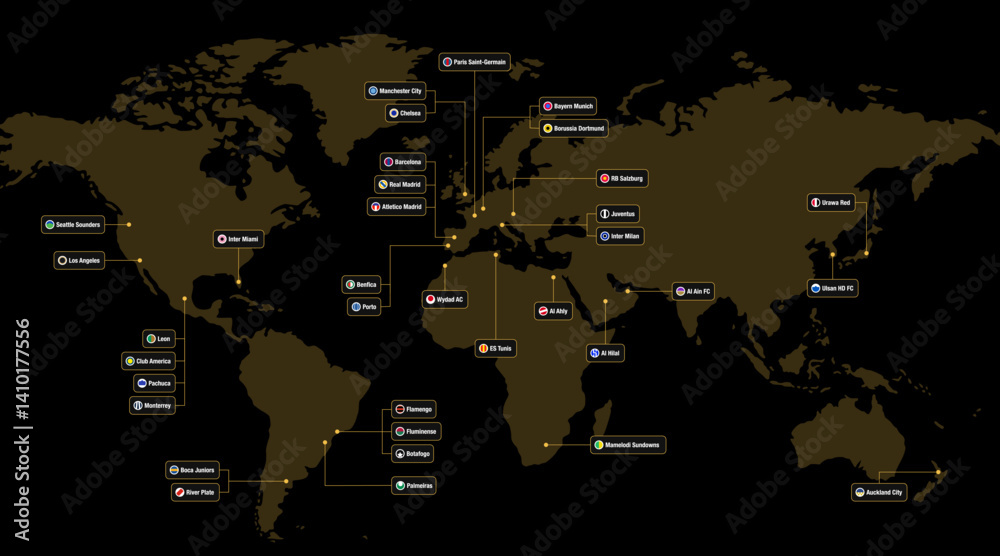 Vector de Stock Vector map showing global locations of top football ...