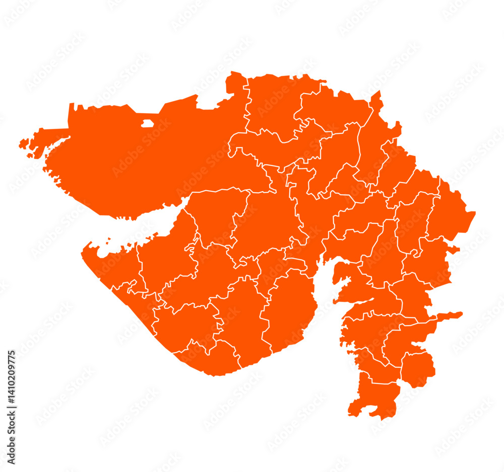 Gujarat Map with All Districts in Orange Color, Vector Political ...