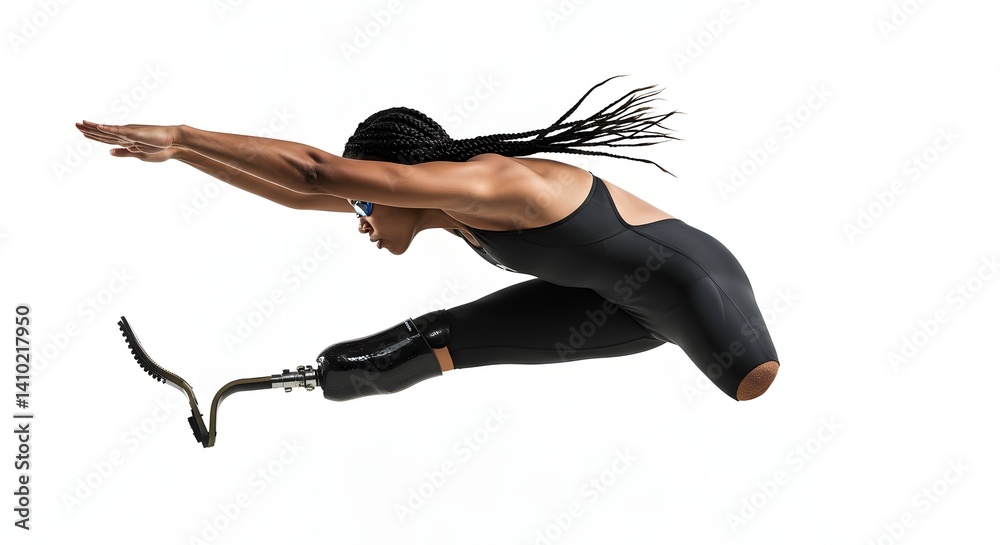 Female Athlete in Mid-Air Using Prosthetic Running Blade Stock Photo ...