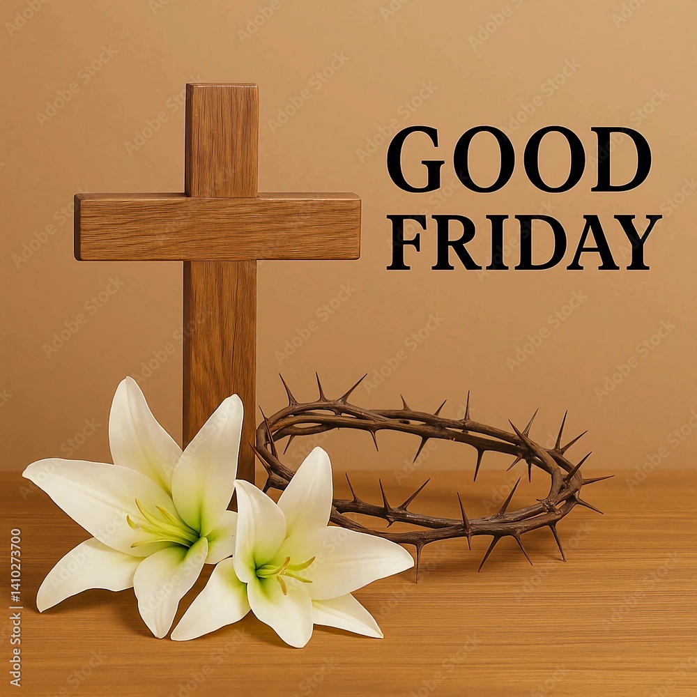 Good Friday Scene with Wooden Cross, Crown of Thorns and Easter Lilies ...