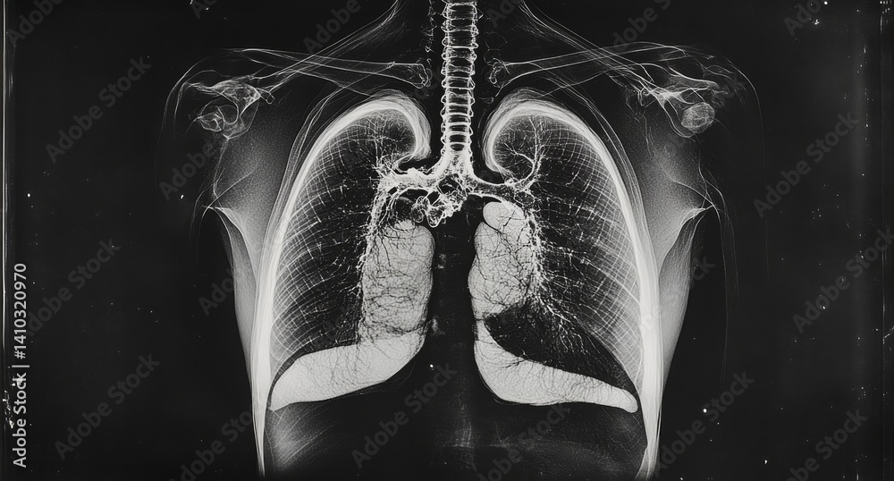 Chest X-ray image of lungs and ribcage. Thoracic cavity anatomy visible ...