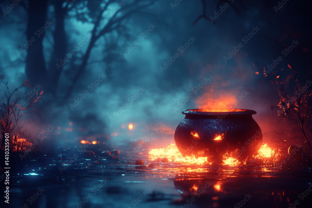 Pot with fire burning, centered in swamp surrounded by tall grass ...
