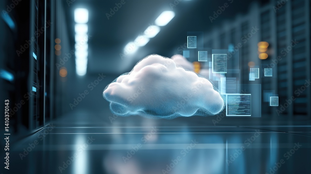 Glowing cloud in a data center servers room, symbolizing cloud ...