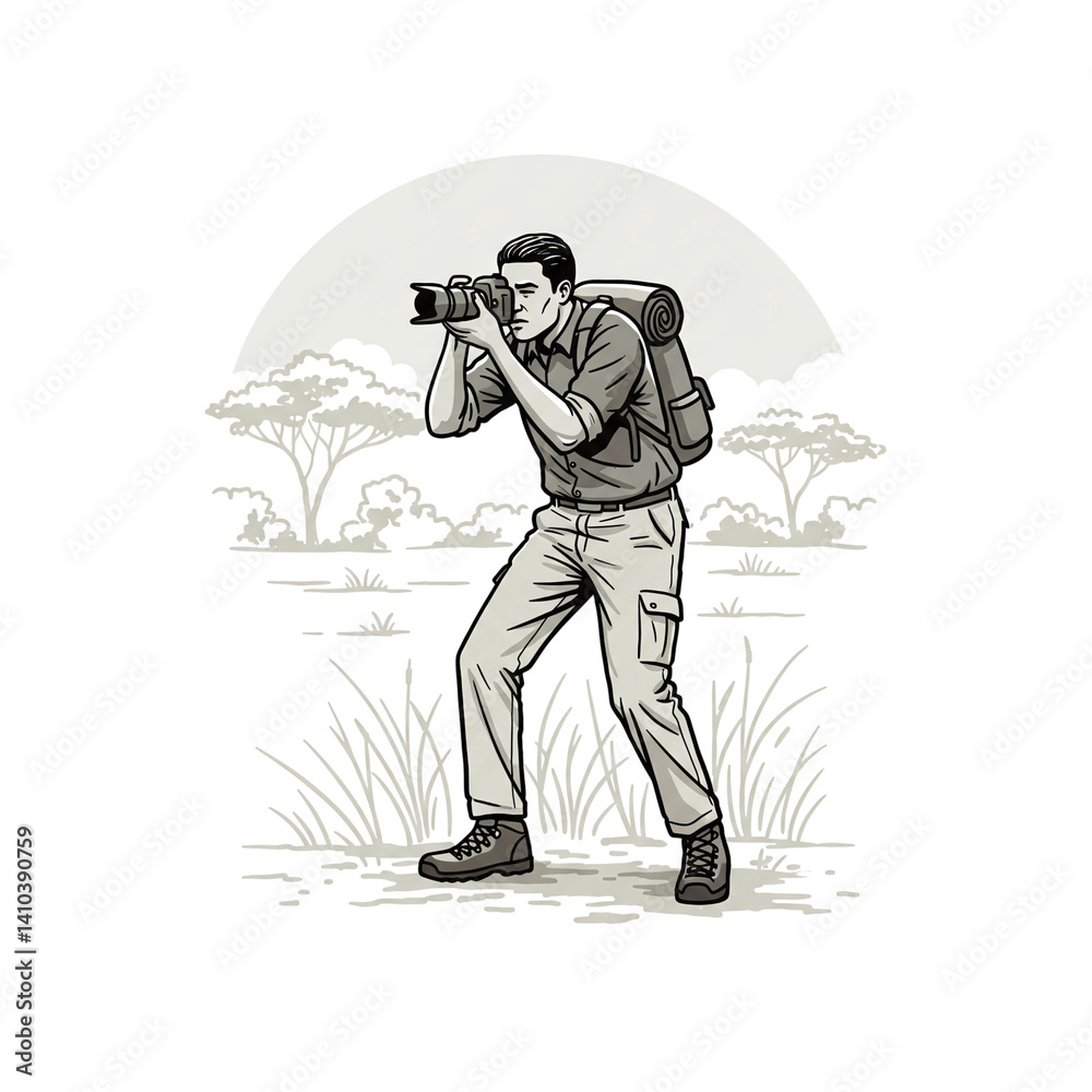 2D pen drawing of a full-body nature photographer holding a camera ...