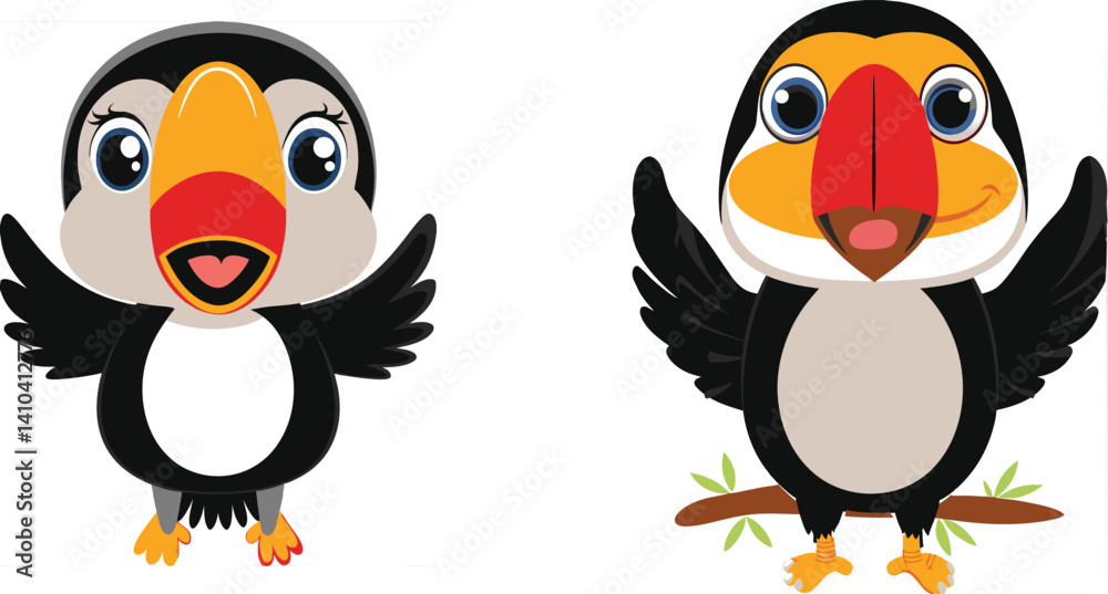 Cute Cartoon Puffins Vector | Colorful Bird Characters for Kids and ...