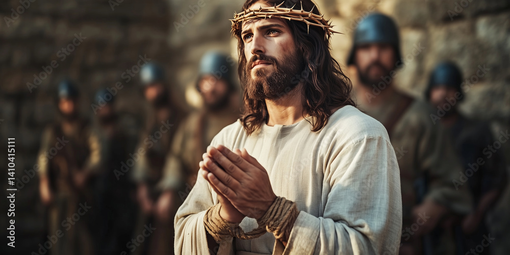 Generated imageJesus Christ praying on Good Friday, wearing the crown ...