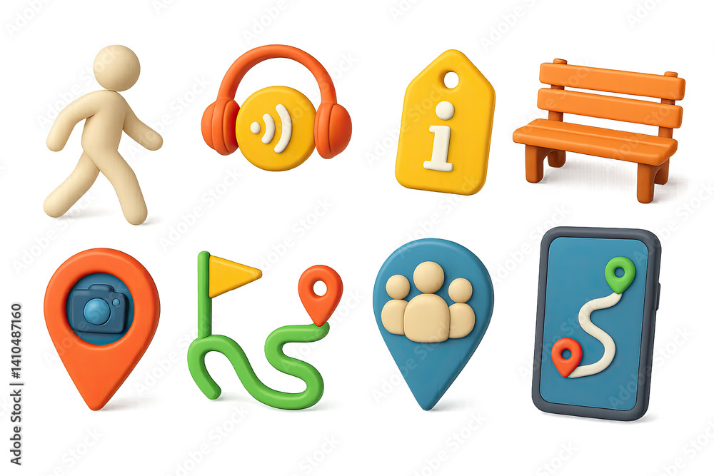 3D icon set of heart health: heart with pulse, stethoscope, walking ...