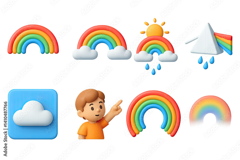 3D icon set of weather and climate: cloud, sun, raindrop, lightning ...