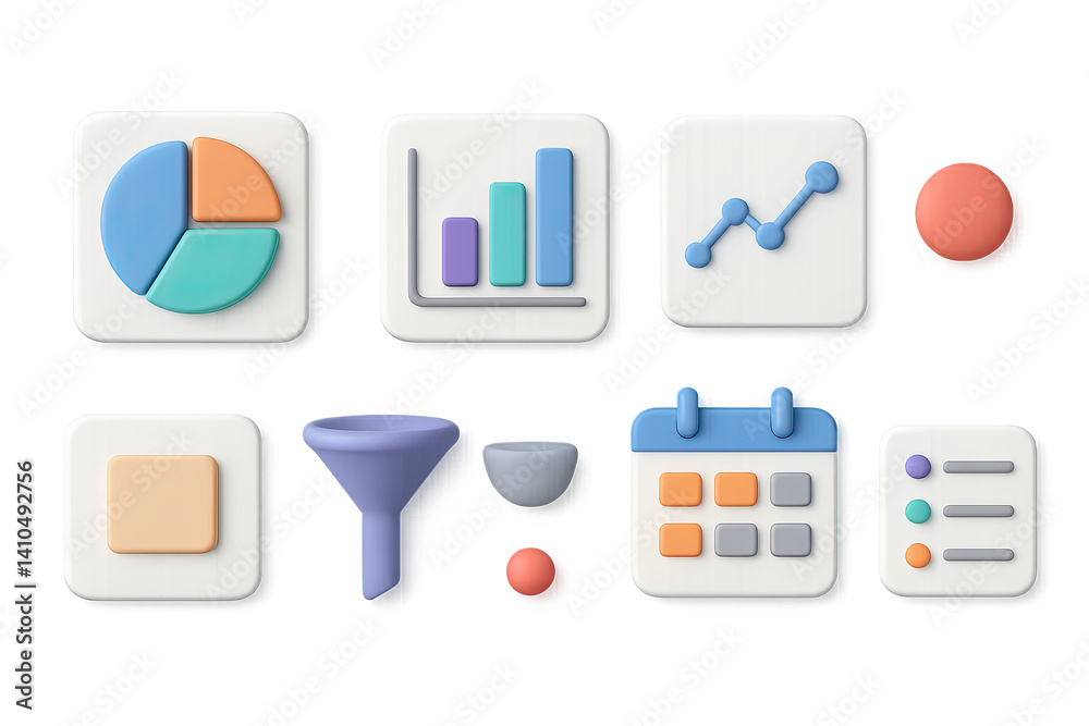 3D icon set of dashboard UI: graph widget, analytics card, sidebar menu, dropdown filter ...