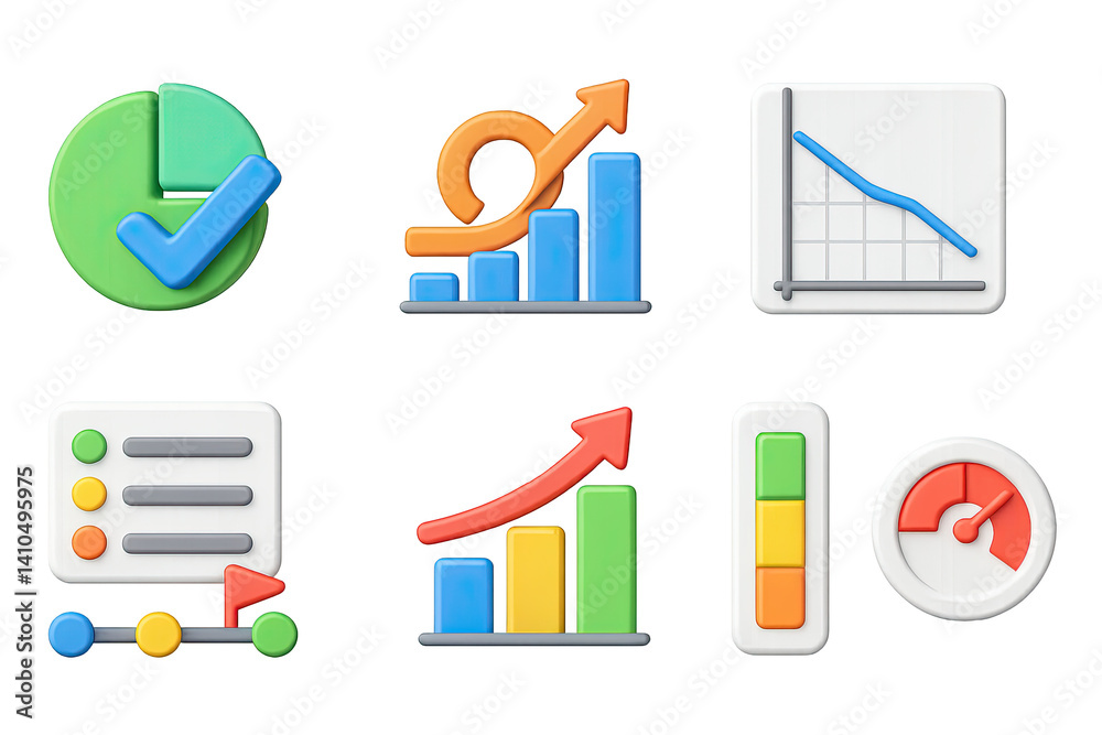 3D icon set of project management stats: task completion chart, sprint ...