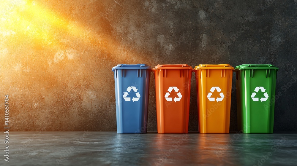 Recycling infographic setup using real plastic bins under strong light ...