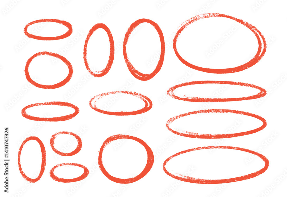 Red highlight oval crayon or chalk shapes set. Sketchy pencil or marker ...