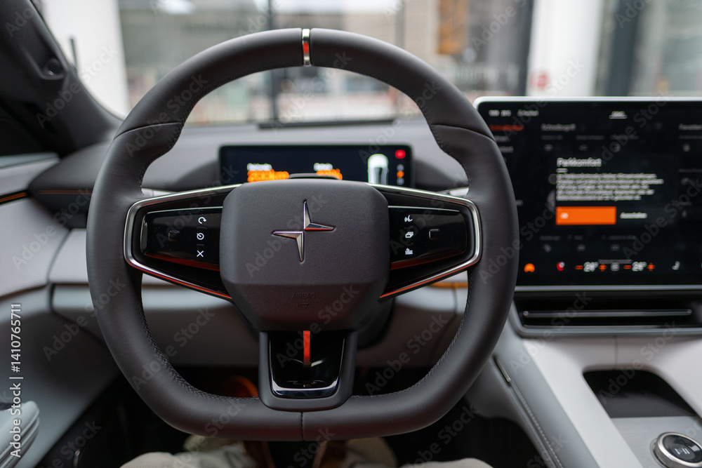futuristic steering wheel, interior Polestar 2 electric car, gear shift ...