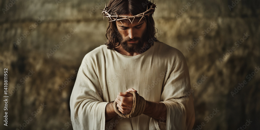Jesus Christ praying on Good Friday, wearing the crown of thorns. Holy ...