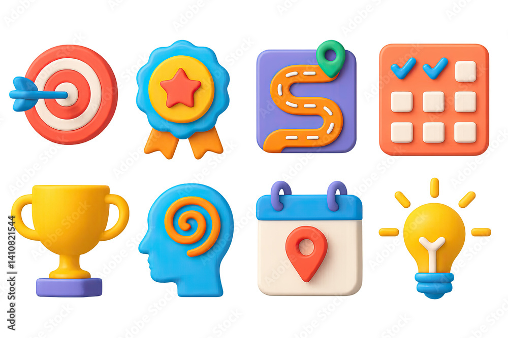 3D icon set of personal goals: target board, achievement badge, roadmap ...