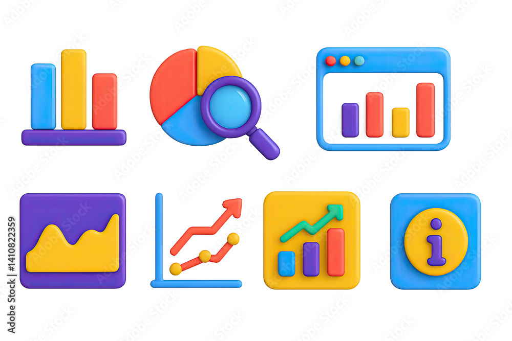 3D icon set of finance analytics tools: bar graph, pie analysis, trend ...
