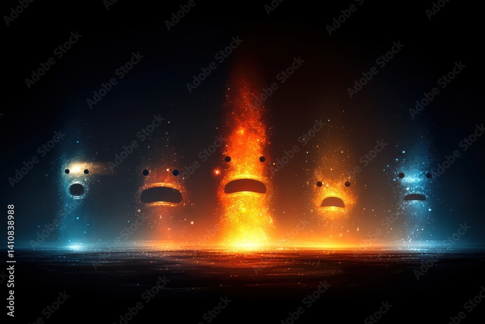 Five astral sad emoji figures stand at the dark shore looking at a ...