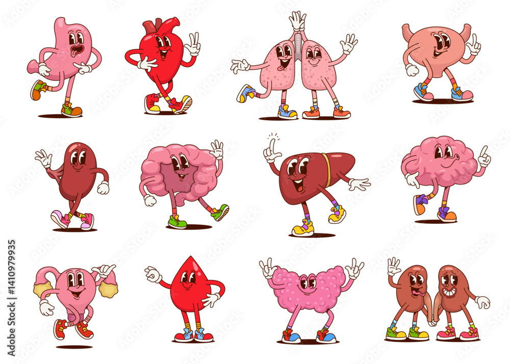 Vector de Stock Funny groovy human organ characters, retro body anatomy ...