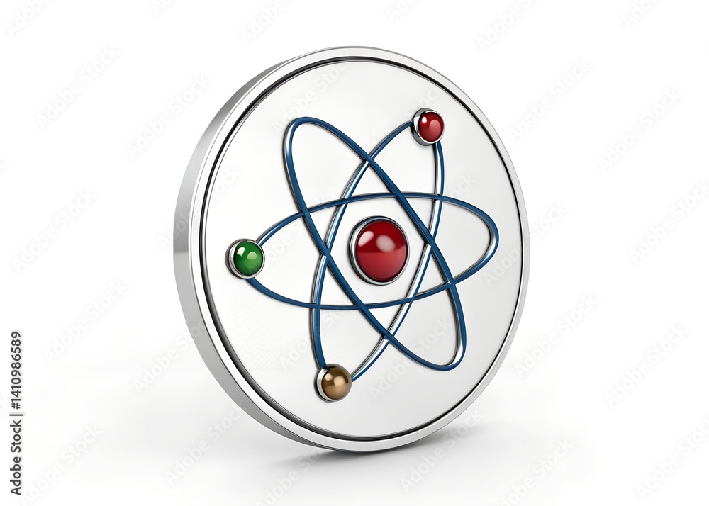 Atomic Model Coin: A stylized silver coin features a detailed atomic ...