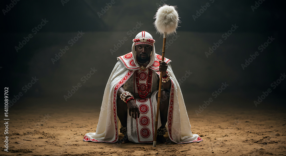 Traditional Yoruba Priest In White Eyo Festival Attire Holding ...