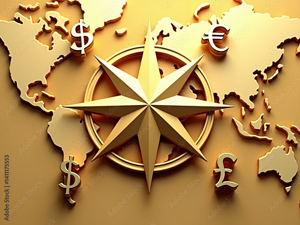 Ilustración de Stock Golden compass rose with world map background and ...
